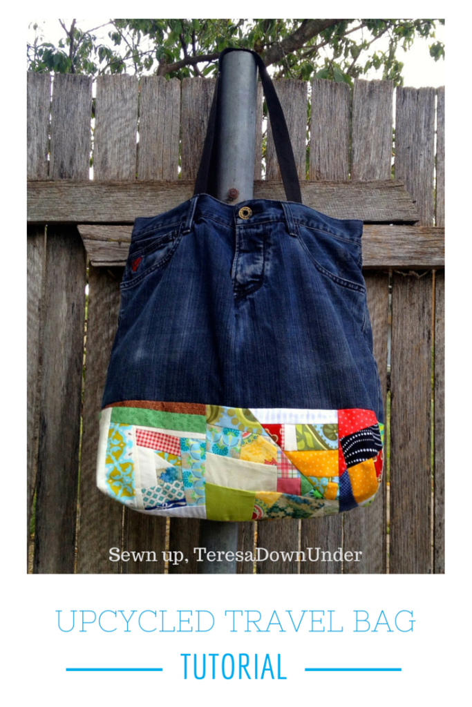 Upcycled denim pants travel bag with improv patchwork – teresadownunder.com